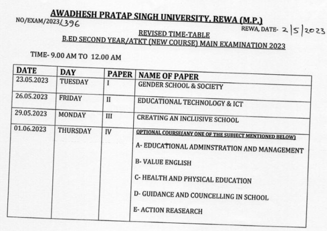 APSU B.Ed 1st & 2nd Year Time Table 2024 यहाँ देंखे APS University BEd ...